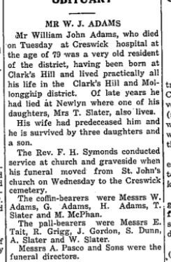 Adams, William John | Creswick Cemetery