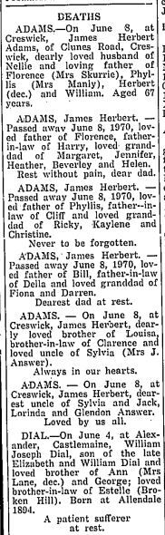 Adams, James Herbert | Creswick Cemetery