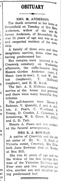 Anderson, Mary | Creswick Cemetery